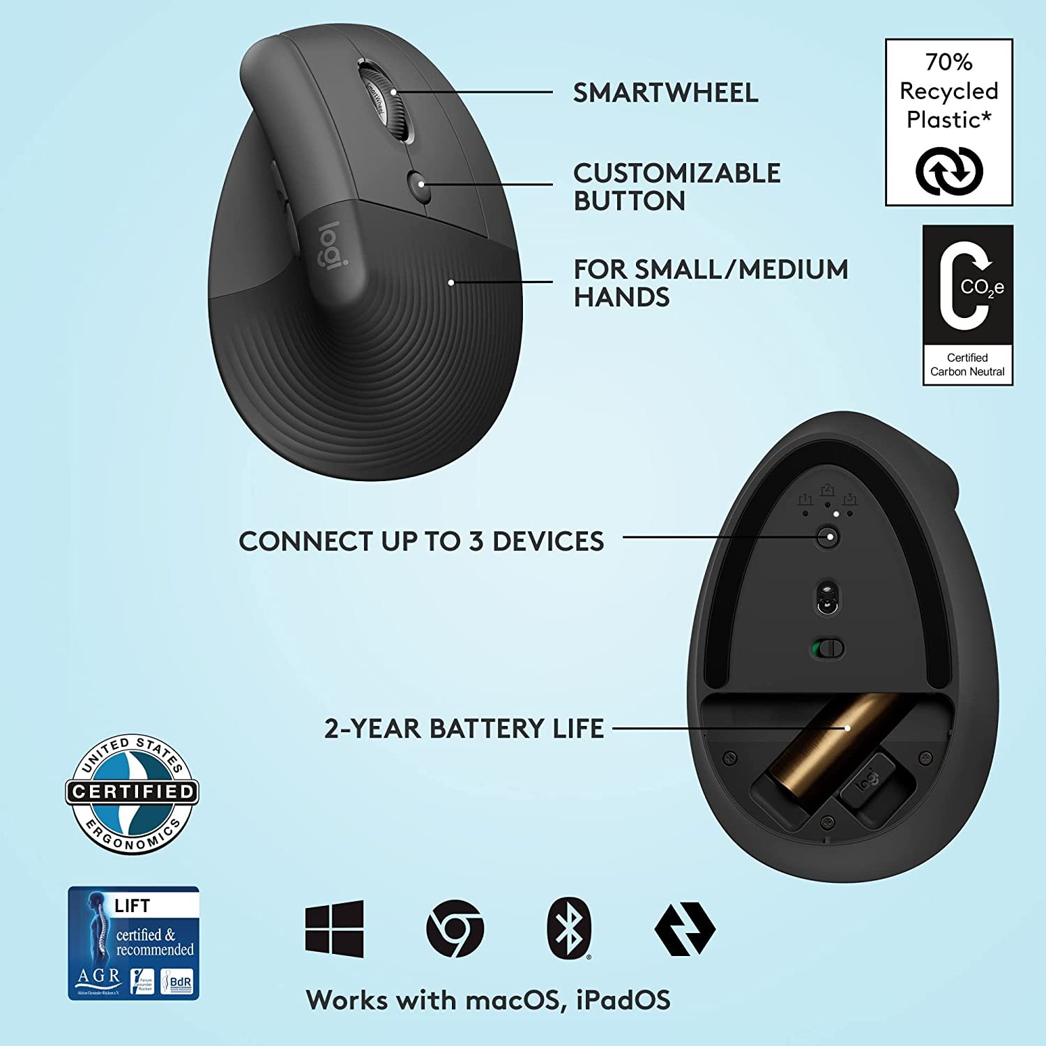 Logitech Lift Vertical Ergonomic Wireless Mouse...(910-006466)